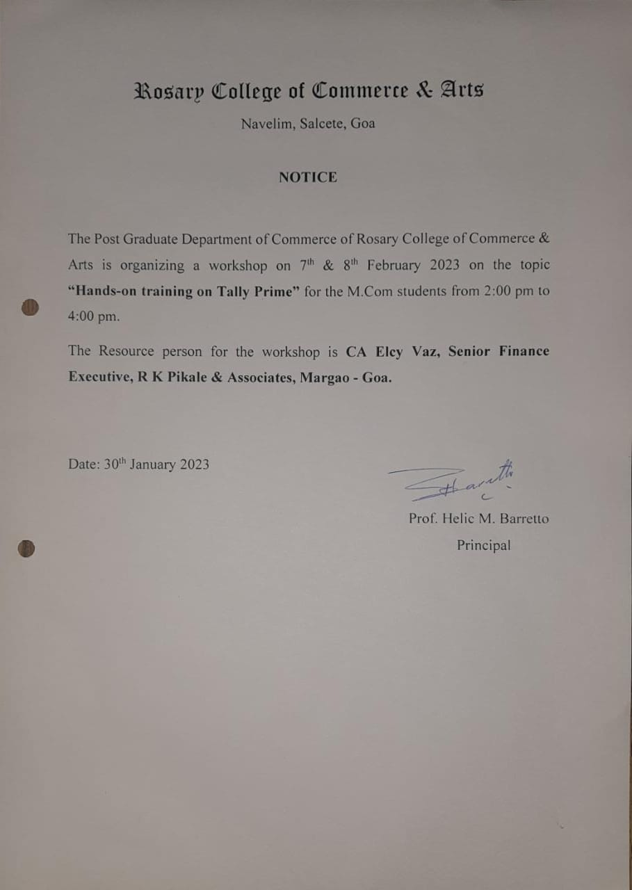 Hands-on Training on Tally Prime – Rosary College of Commerce and Arts