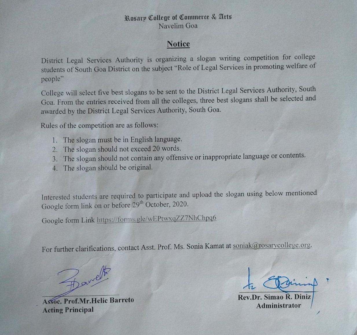 Slogan Writing Competition – Rosary College of Commerce and Arts