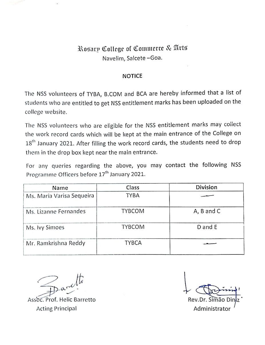 NSS NOTICE – Rosary College of Commerce and Arts