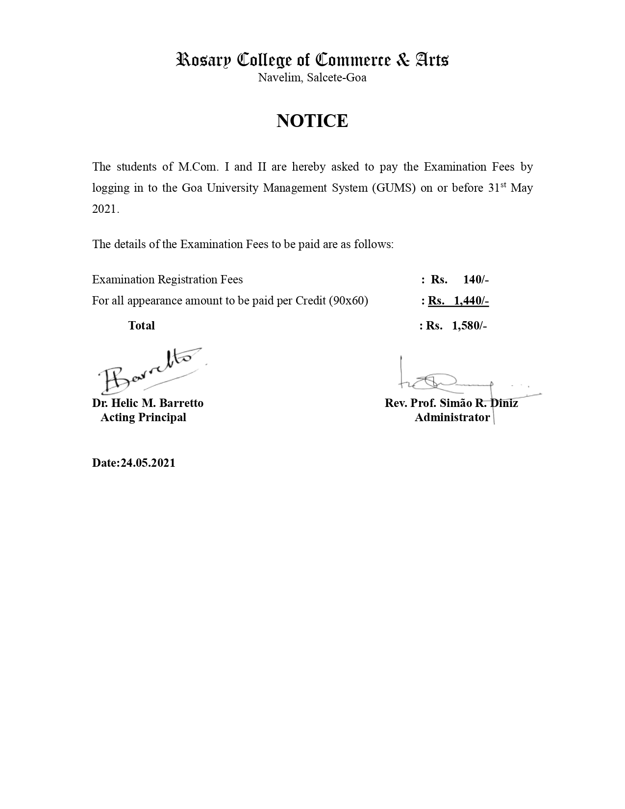 M.COM NOTICE – Rosary College of Commerce and Arts