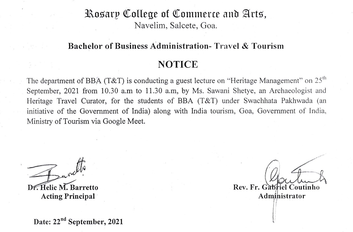 Heritage Management – Guest Lecture – Rosary College of Commerce and Arts