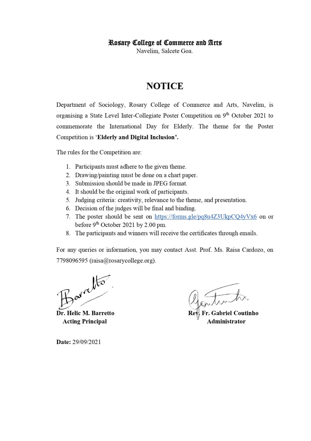 State Level Inter – Collegiate Poster Competition – Rosary College of ...
