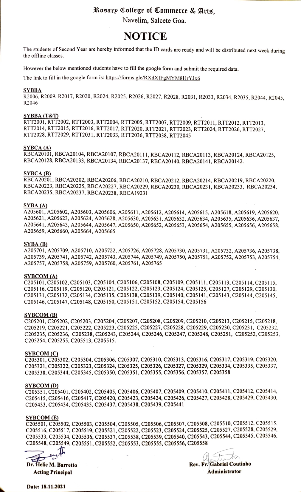ID CARD NOTICE – Rosary College of Commerce and Arts