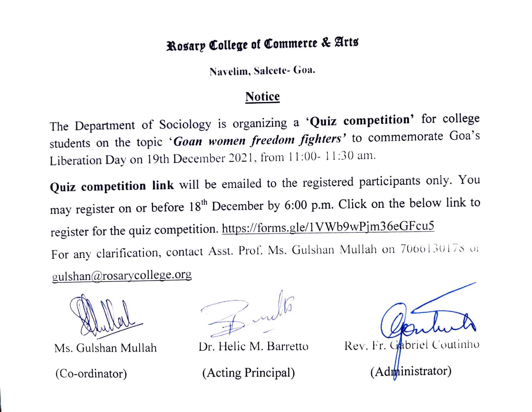 QUIZ COMPETITION ON “GOAN WOMEN FREEDOM FIGHTERS” – Rosary College of ...
