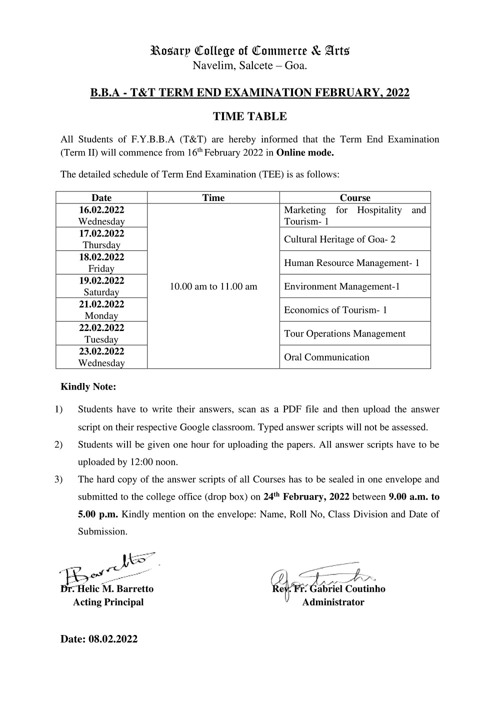B.B.A – T&T TERM END EXAMINATION FEBRUARY, 2022 TIME – TABLE – Rosary ...