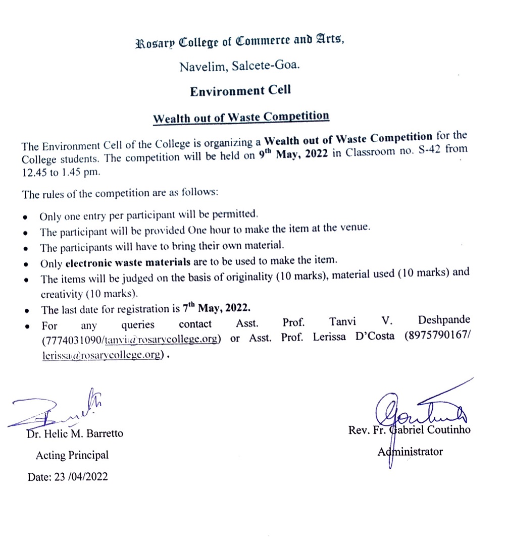 Wealth out of Waste Competition – Rosary College of Commerce and Arts