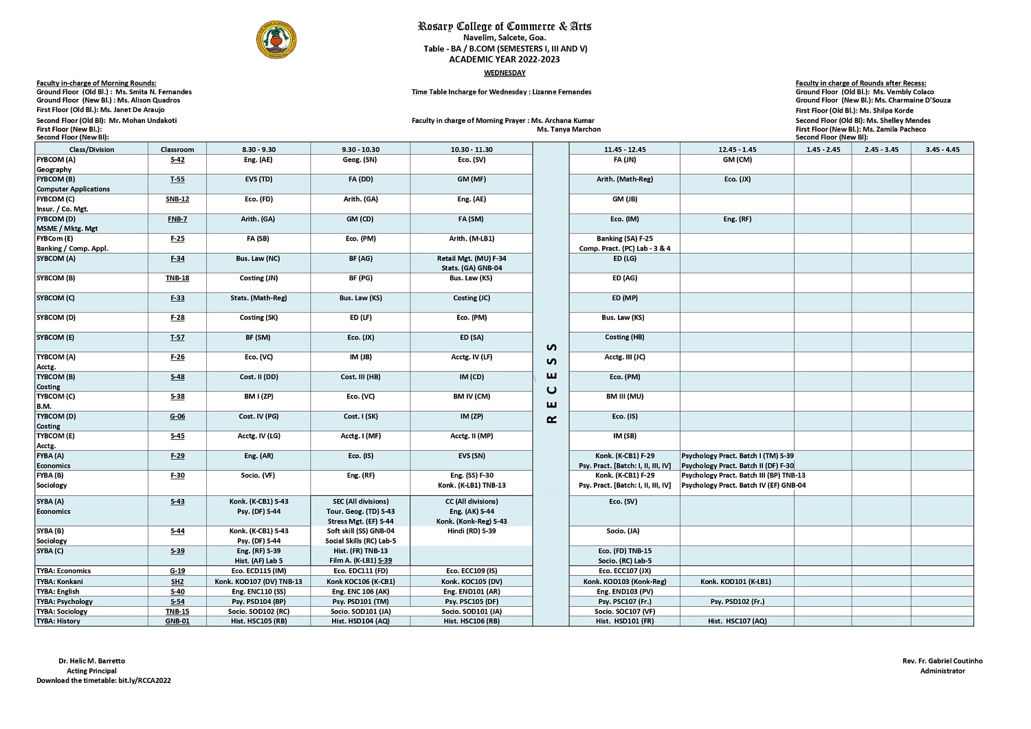 B.A / B.COM WEDNESDAY TIMETABLE – Rosary College of Commerce and Arts