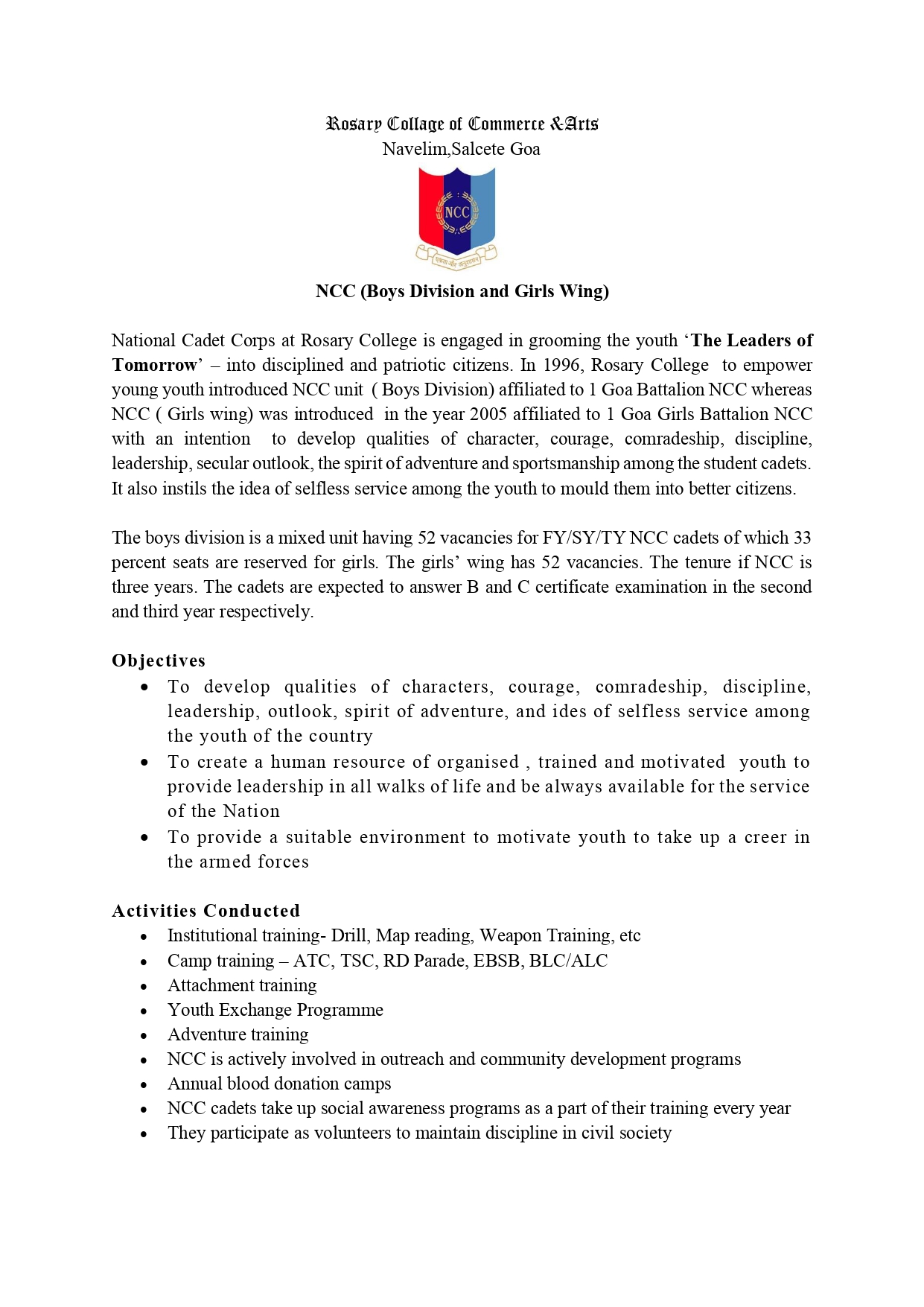 NSS/NCC – Rosary College of Commerce and Arts