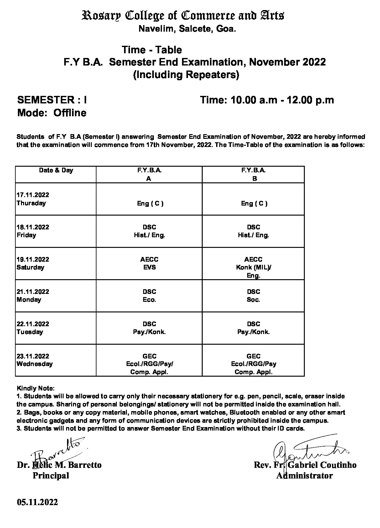 F.Y / S.Y / T.Y B.A. & B.COM SEE EXAM TIME TABLE NOVEMBER 2022 – Rosary ...