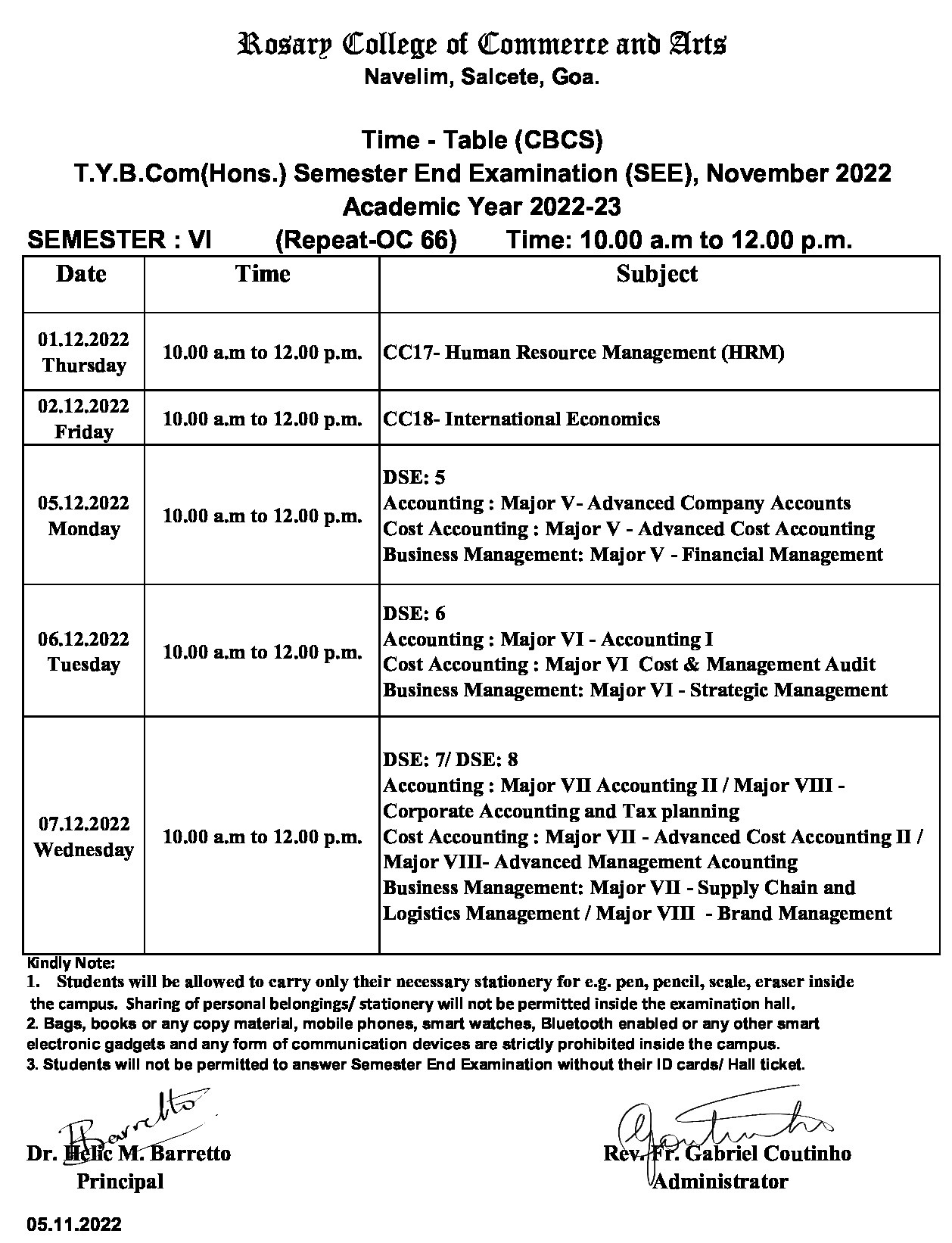 F.Y / S.Y / T.Y B.A. & B.COM SEE EXAM TIME TABLE NOVEMBER 2022 – Rosary ...