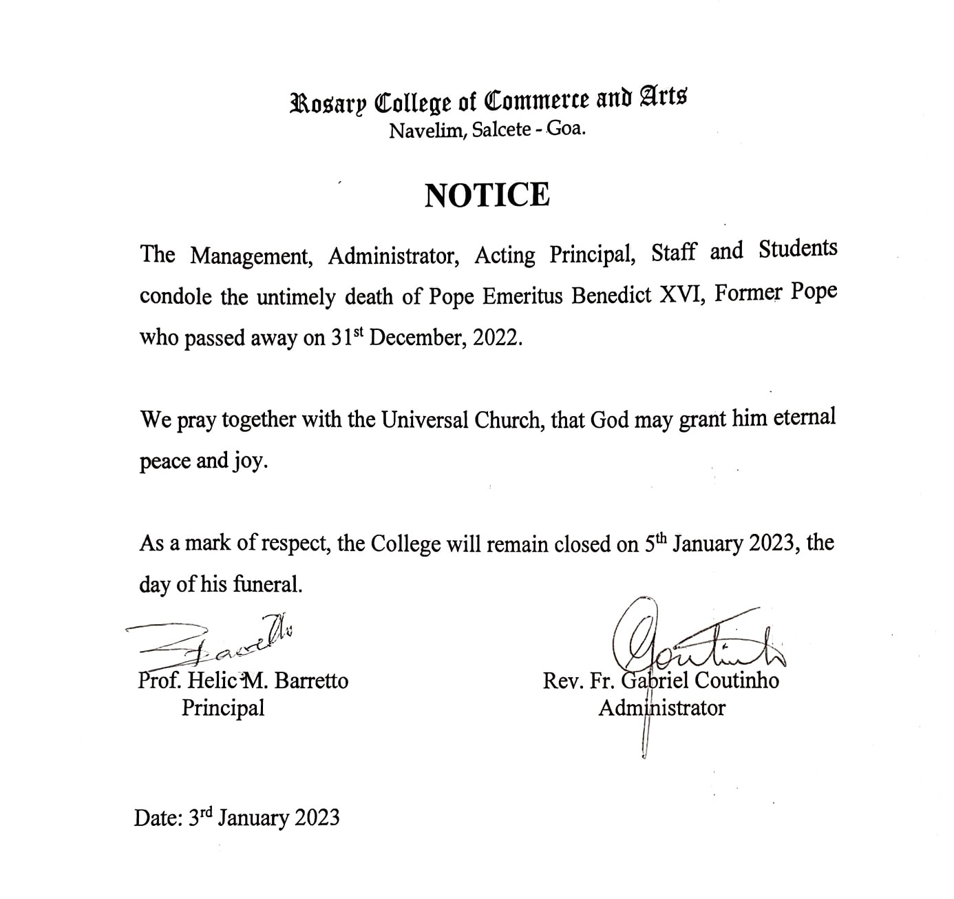 NOTICE – Rosary College of Commerce and Arts