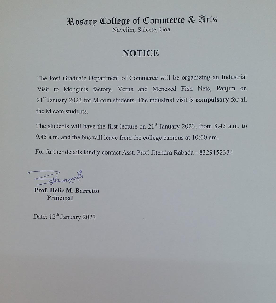 NOTICE – Rosary College of Commerce and Arts