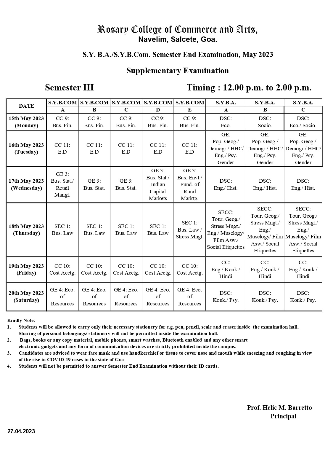 F.Y. / S.Y. SEM I & III B.A. & B.COM SUPPLEMENTARY EXAMINATION TIME ...
