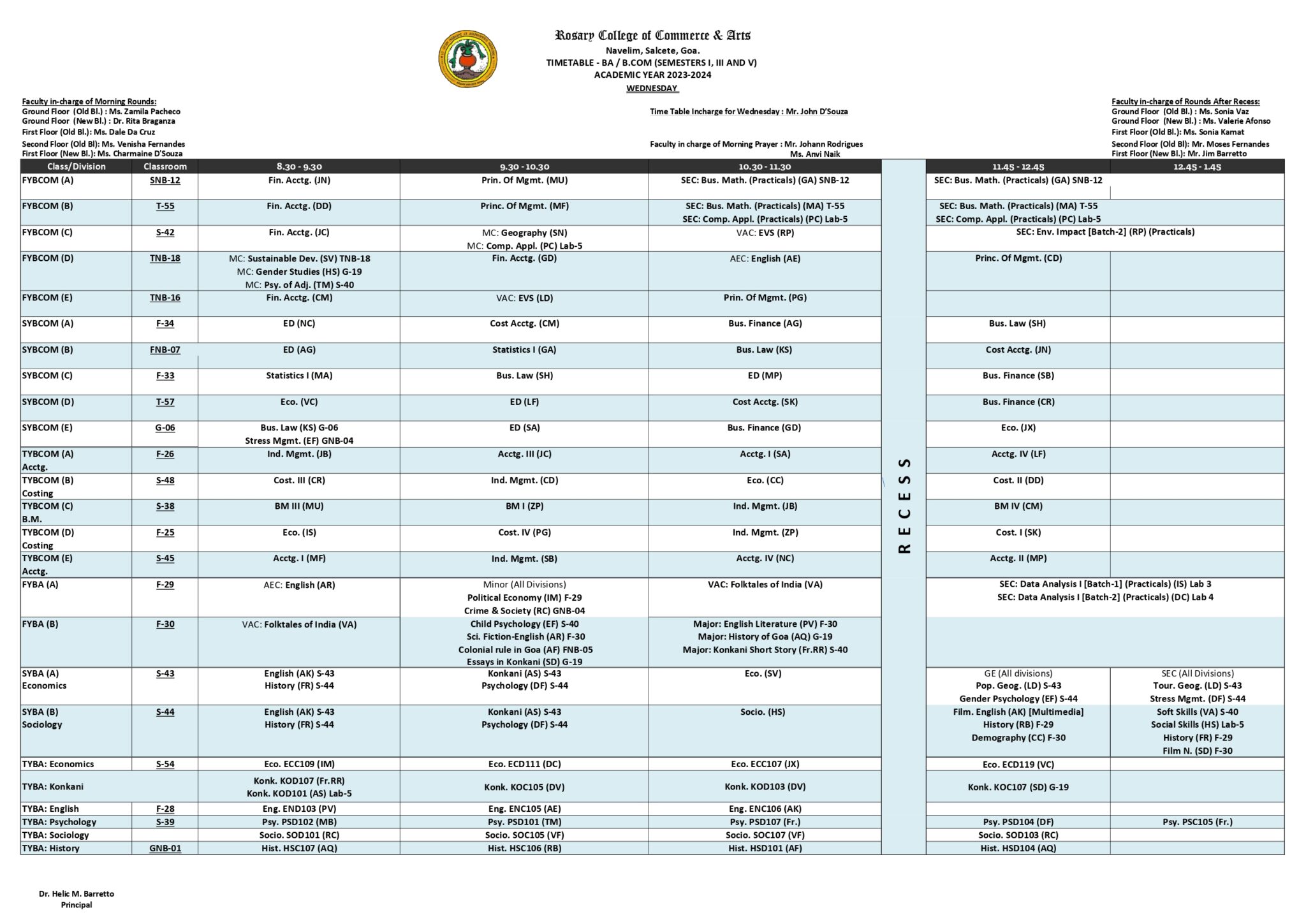 B.A / B.COM WEDNESDAY TIMETABLE – Rosary College of Commerce and Arts