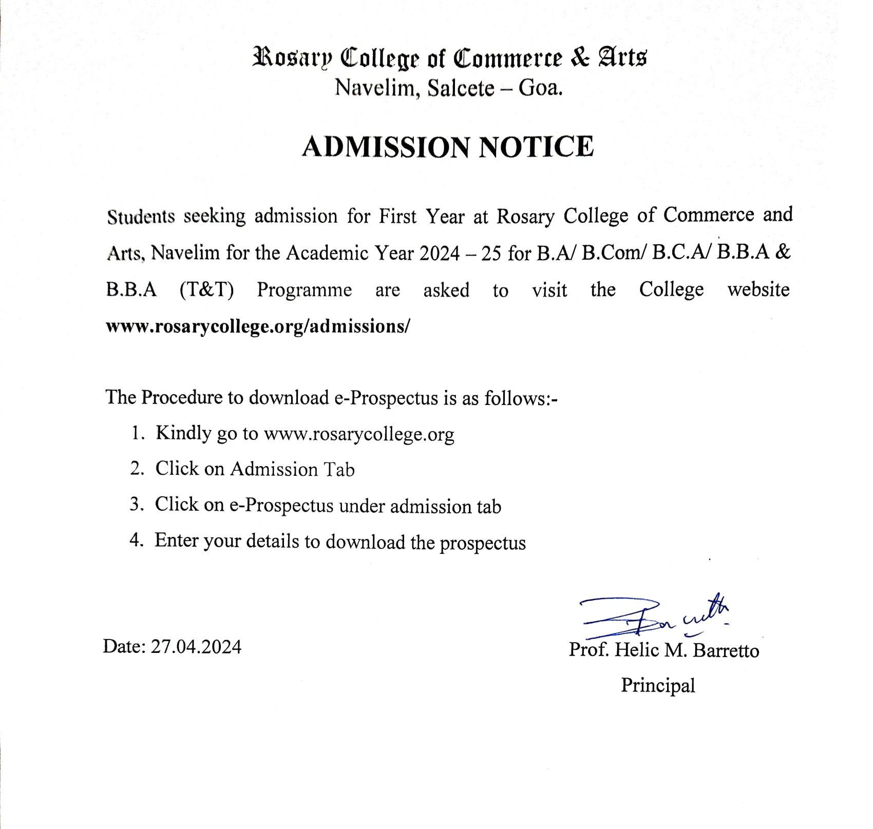 ADMISSION NOTICE – Rosary College of Commerce and Arts