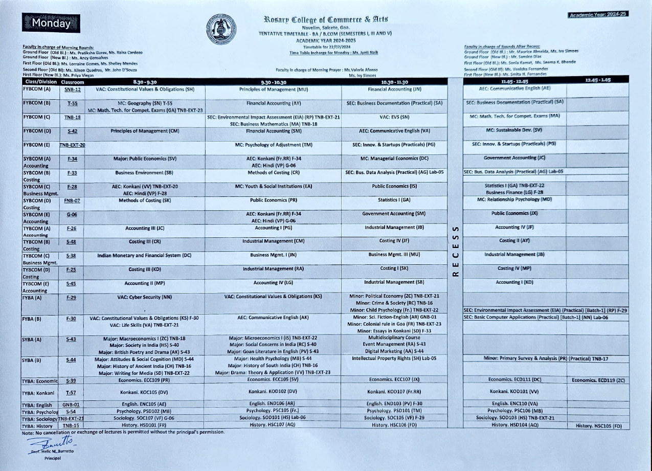 B.A / B.COM MONDAY TIME-TABLE – Rosary College of Commerce and Arts